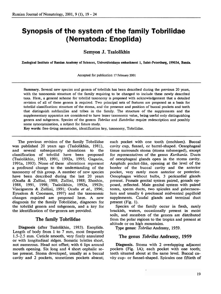 Tsalolikhin 2001 - Taxonomia y Claves de Tobrilidae | PDF | Taxonomy ...