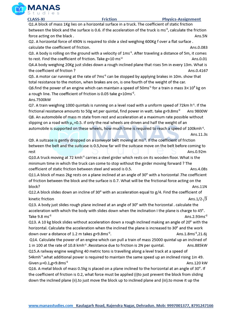 Class-Xi Friction Physics-Assignment | PDF | Friction | Force
