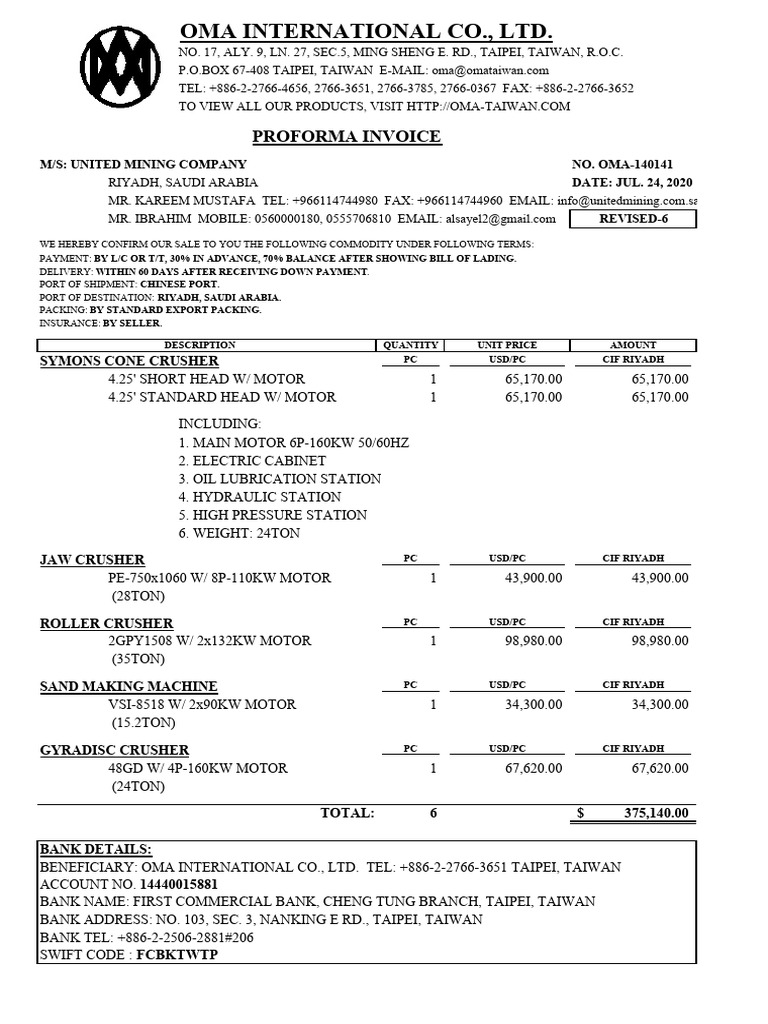 Proforma Invoice for United Mining Co. | PDF