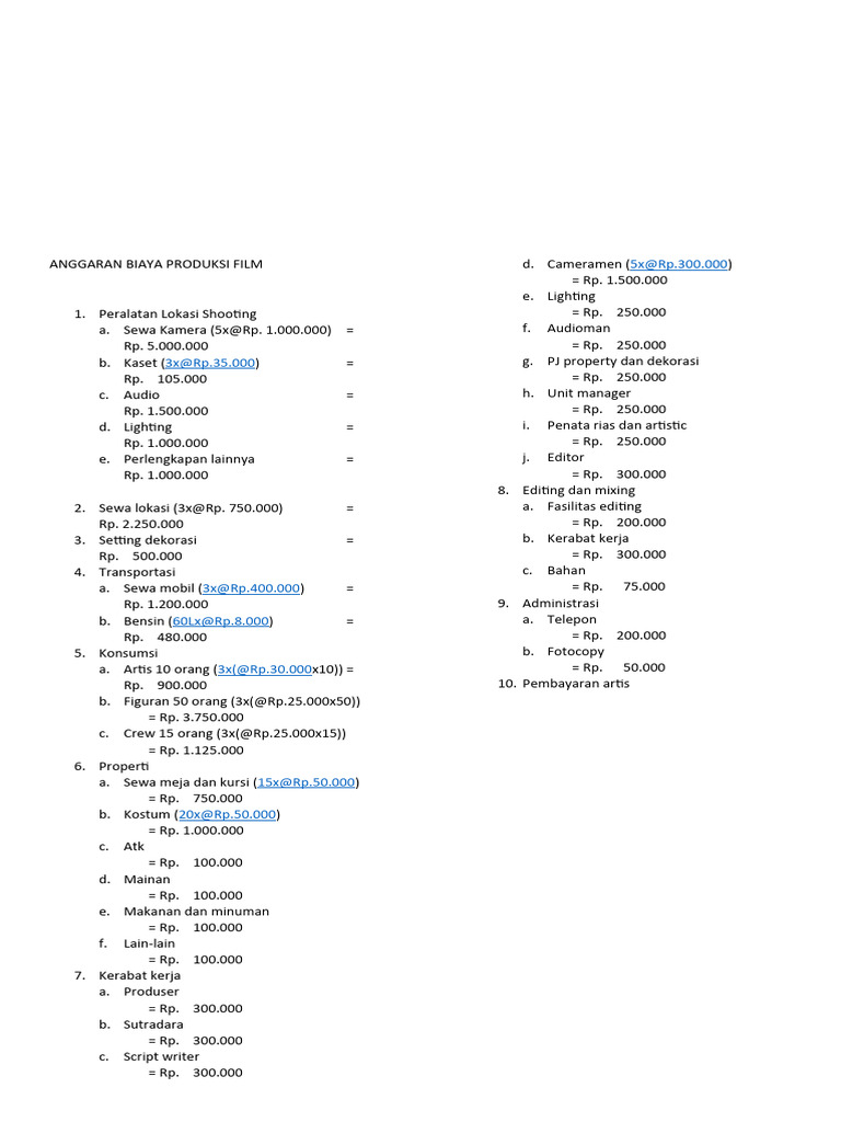 Anggaran Biaya Produksi Film | PDF