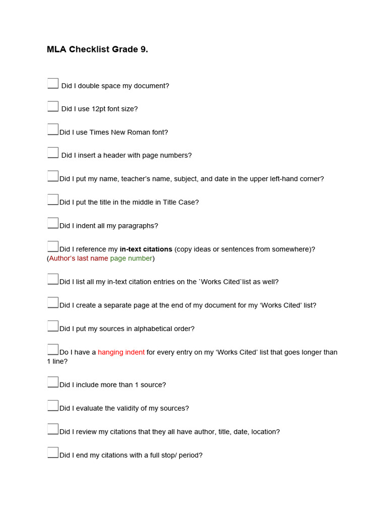 MLA_Checklist_Grade_9 | PDF