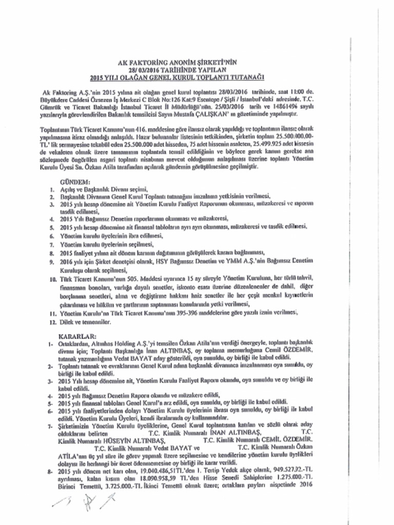 2015 Yili Genel kurul Toplanti Tutanagi | PDF