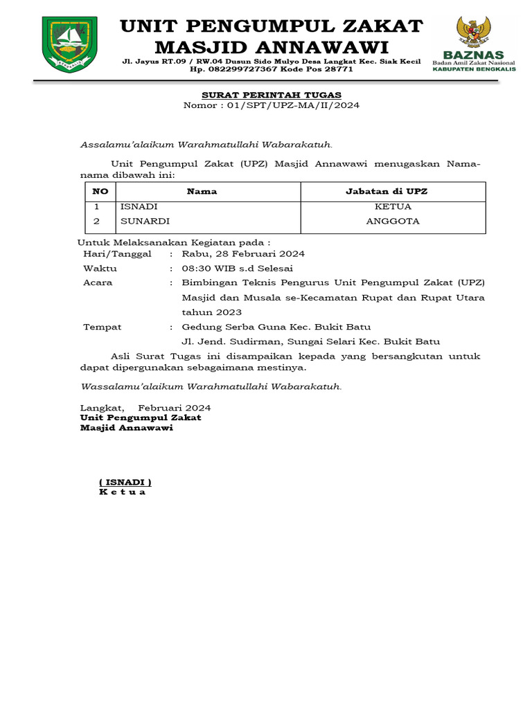 Contoh Surat Mandat Upz (Bukit Batu, Siak Kecil & Banlak) | PDF