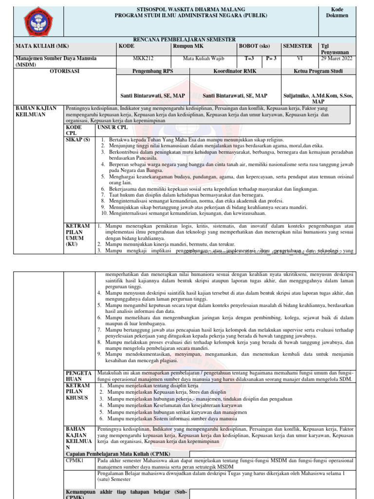 Rencana Pembelajaran MSDM Semester VI | PDF