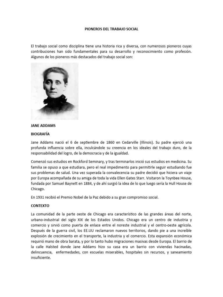 Pioneros del Trabajo Social: Jane Addams | PDF | Trabajo Social ...