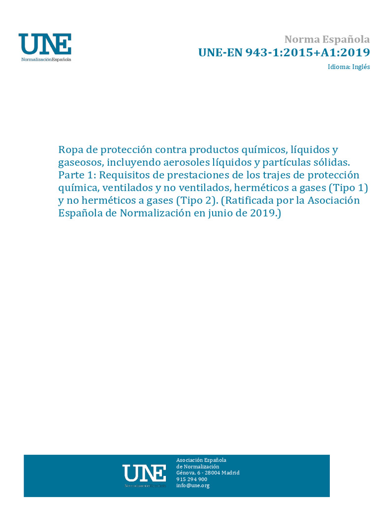 UNE-EN 943 Ropa Proteccion Productos Quimicos | Descargar gratis PDF ...