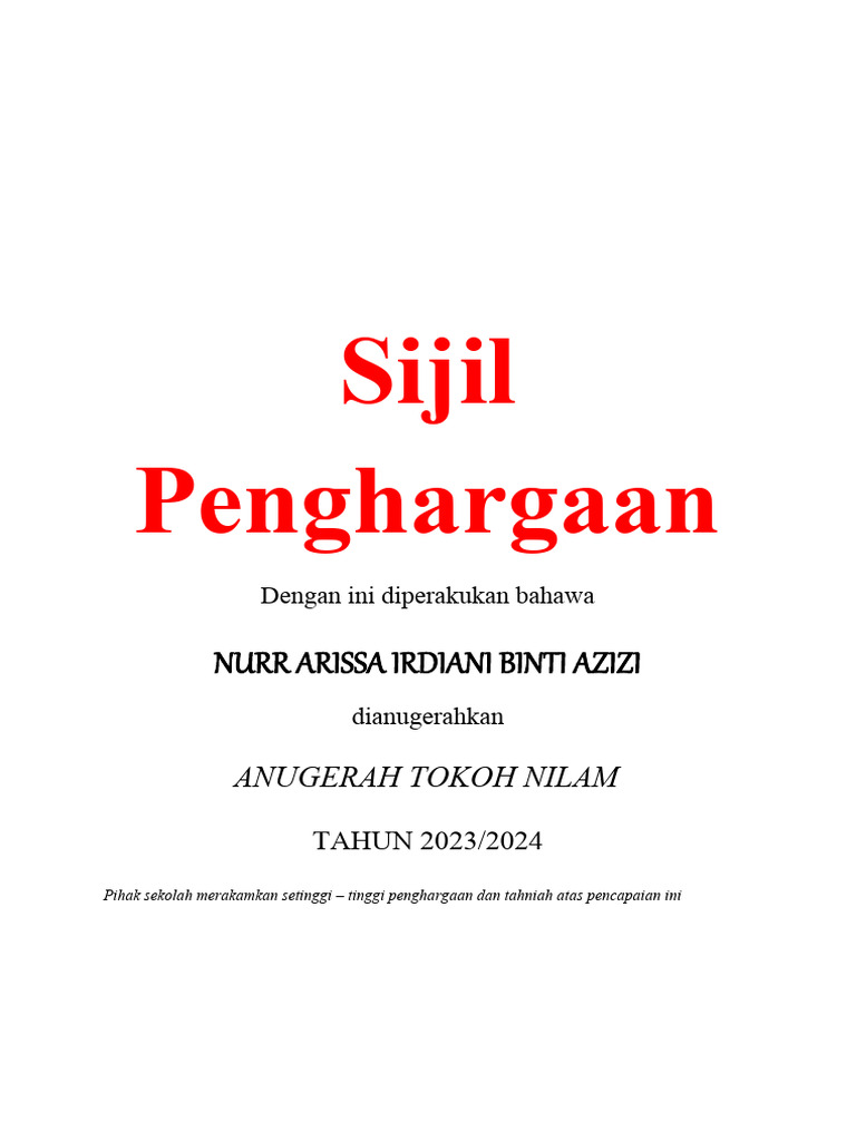 Sijil Penghargaan Anugerah Tokoh NILAM 2023 | PDF