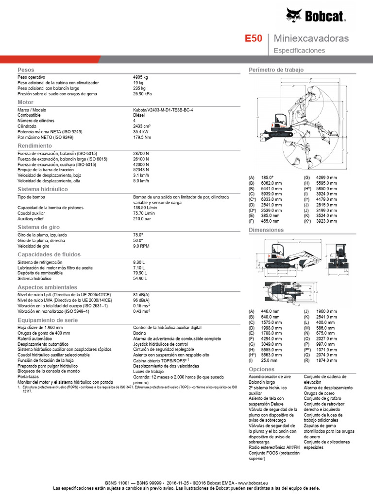 BOBCAT E50 Mini excavadora - Datos tecnicos | PDF | Vehículo de motor | Vehículos