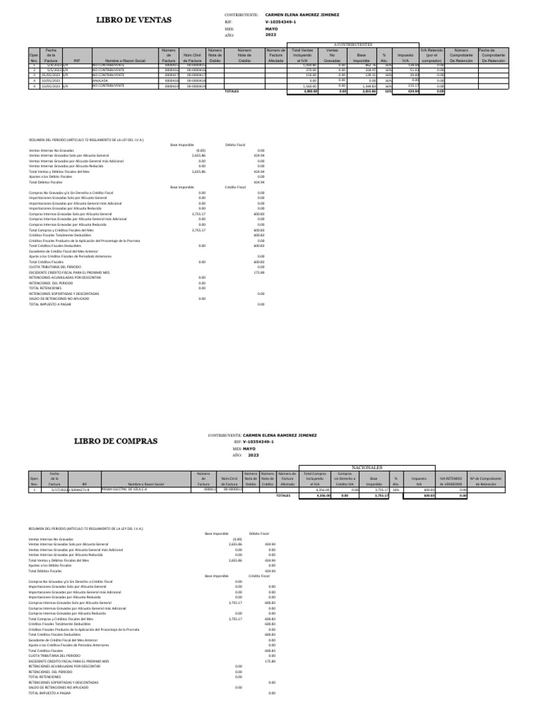 Libro de Ventas y Compras IVA Mayo 2023 | PDF | Impuesto al valor agregado | Impuestos