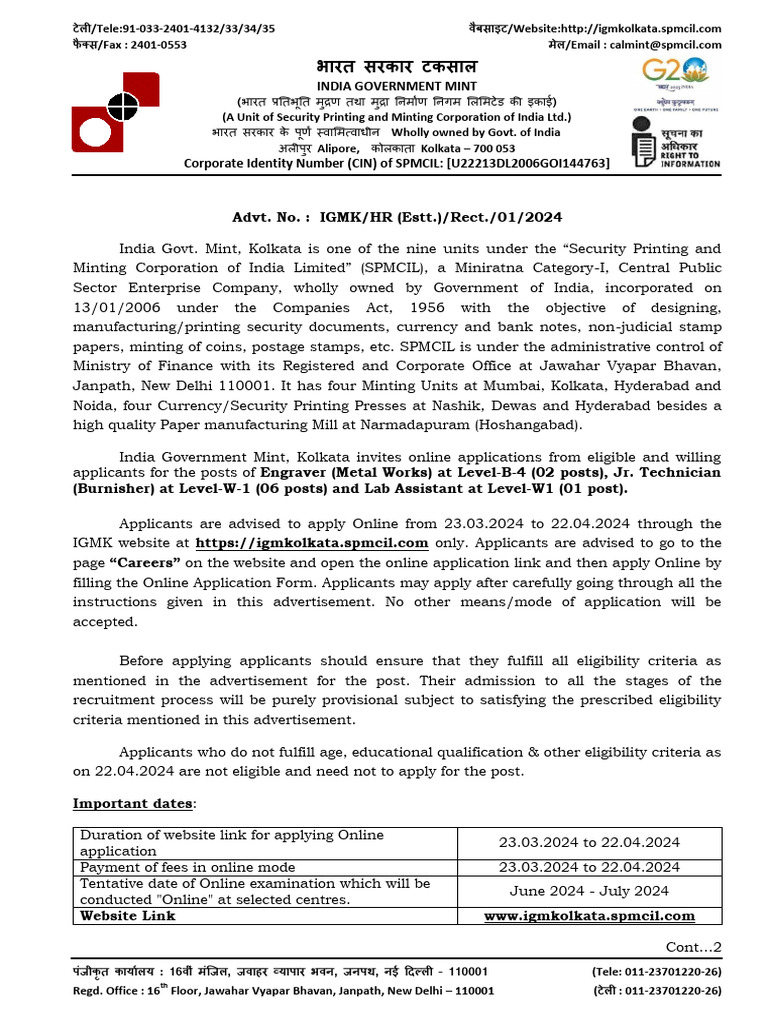 Detailed Advt - Eng - ADVERTISEMENT For Website - 01 2024 For Engraver Jr. Technician Lab ...