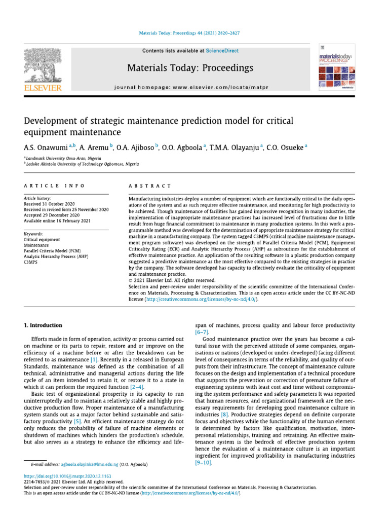 Development of Strategic Maintenance Prediction Model For Critical Equipment Maintenance | PDF
