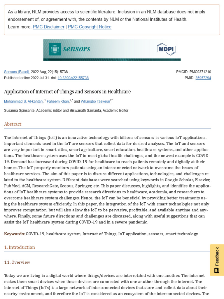 Application of Internet of Things and Sensors in Healthcare - PMC | PDF | Internet Of Things ...