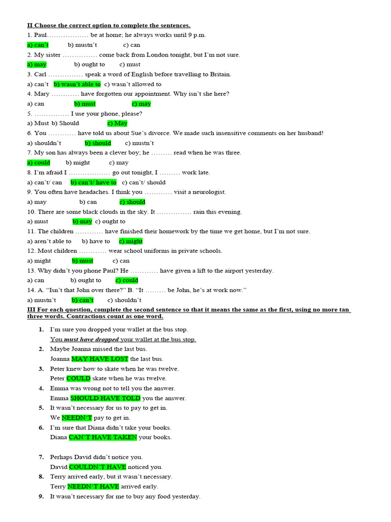 Modal Verb Exercises and Answers | PDF | Mystery, Thriller & Crime Fiction