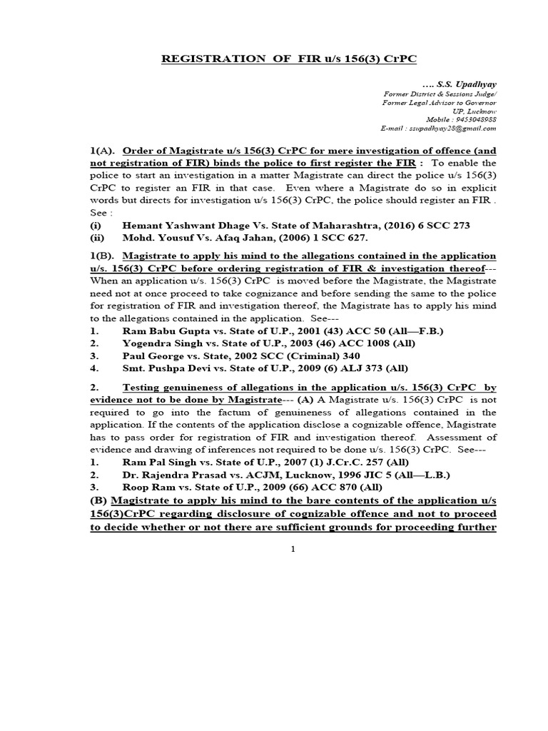 FIR Registration Under Section 156(3) CrPC | PDF | Magistrate | Common Law