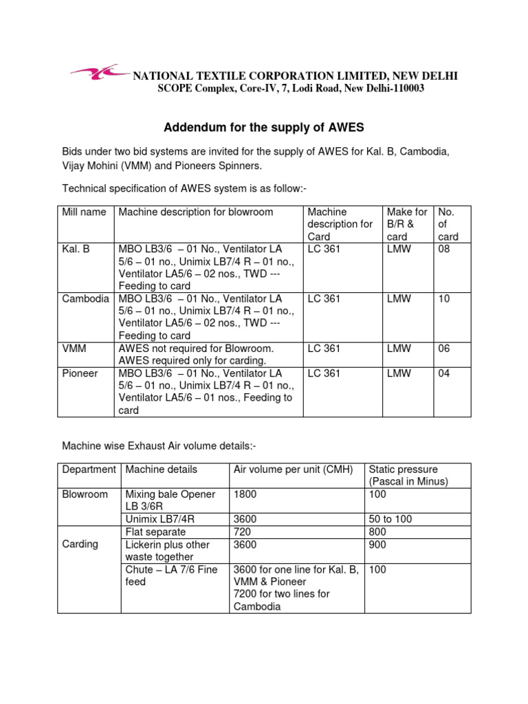 Textile Machinery Bid Addendum | PDF | Specification (Technical Standard) | Value Added Tax