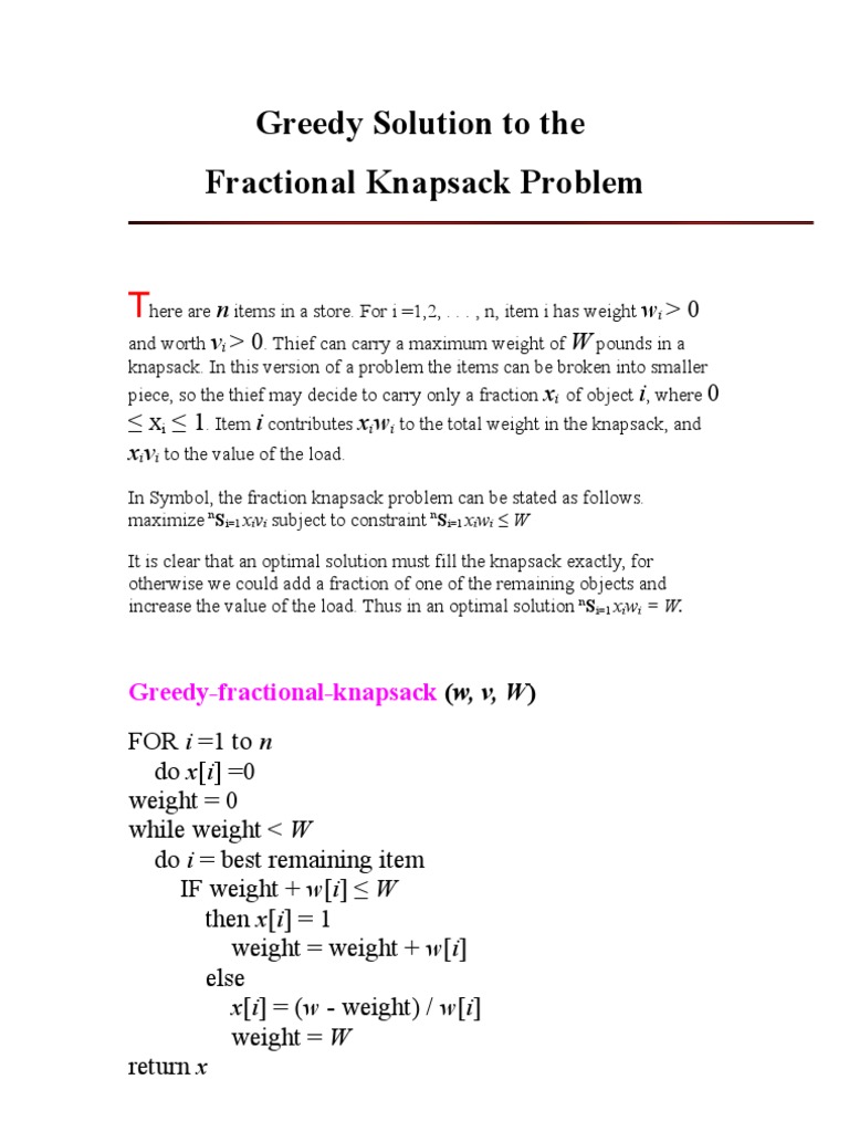 Greedy Solution To The Fractional Knapsack Prob | PDF | Mathematical ...
