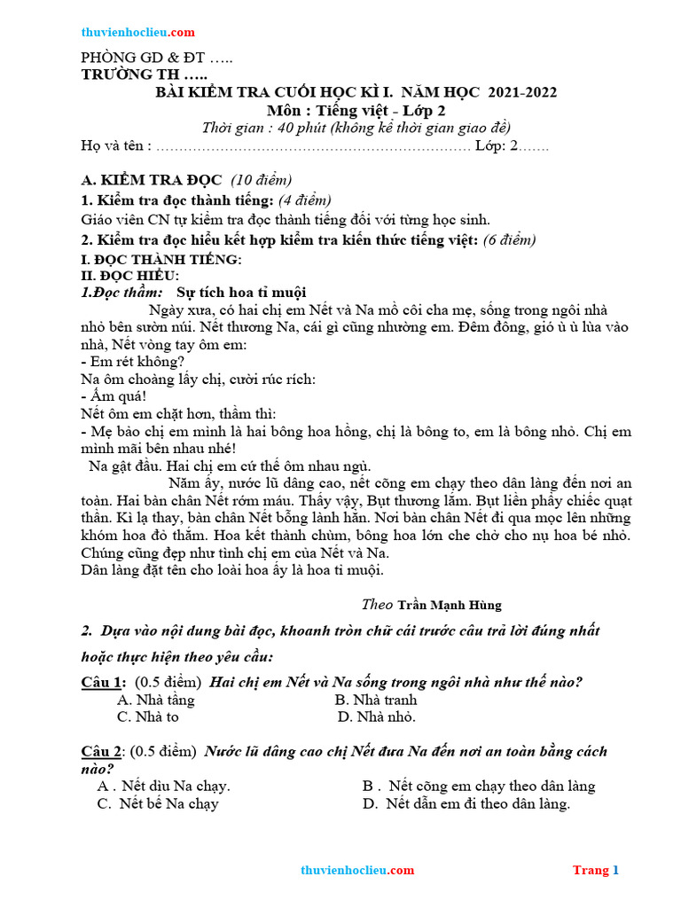 Bo KT HK1 Tieng Viet 2 Nam Hoc 2021 2022 Co Dap An | PDF