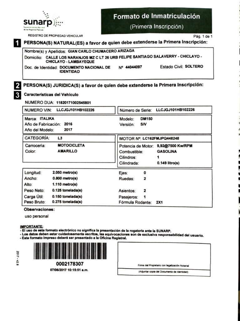 Formato de Inmatriculación Sunarp - Perú | PDF | Tecnología de vehículos | Tecnologías automotrices