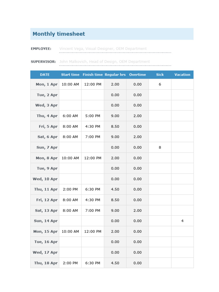 Monthly Employee Timesheet Template | PDF | Overtime | Computing