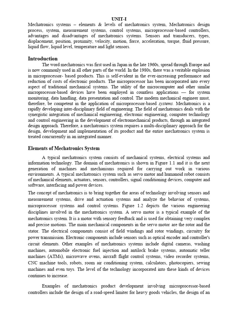 Mechatronics UNIT-1 | Download Free PDF | Mechatronics | Microcontroller