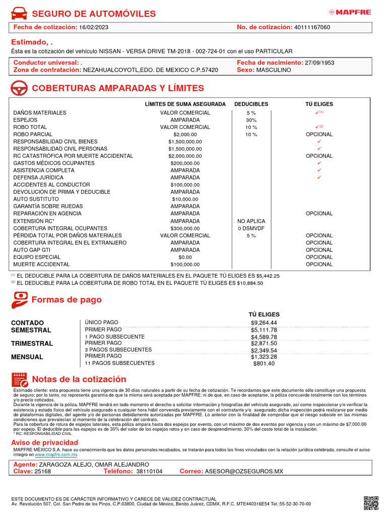 Nissan Versa Drive STD 2018 - Mapfre | PDF | Póliza de seguros