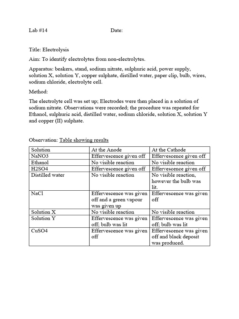 Electrolysis Lab | PDF | Electrolyte | Ion