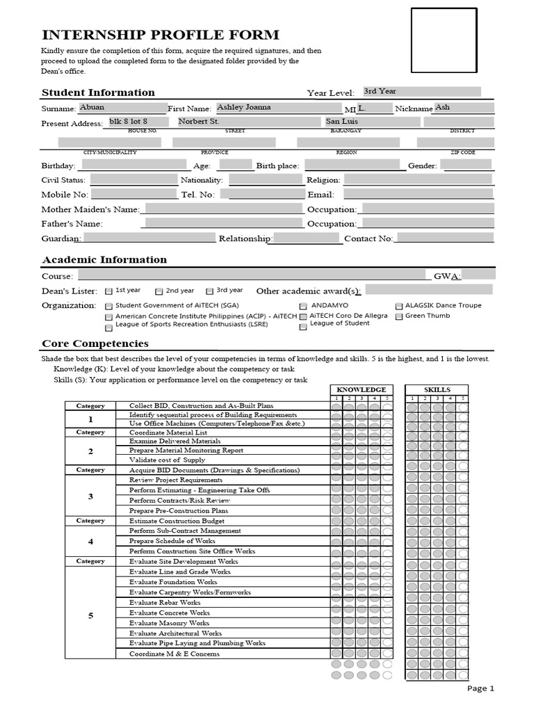 Internship Profile Fillable Form 2024 | Download Free PDF | Building ...