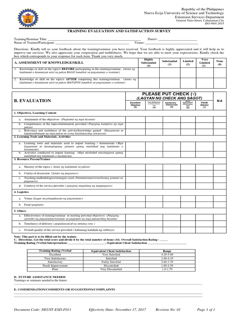 ESD F011 Training Evaluation Questionnaire Filipino 2 | PDF | Cognition ...