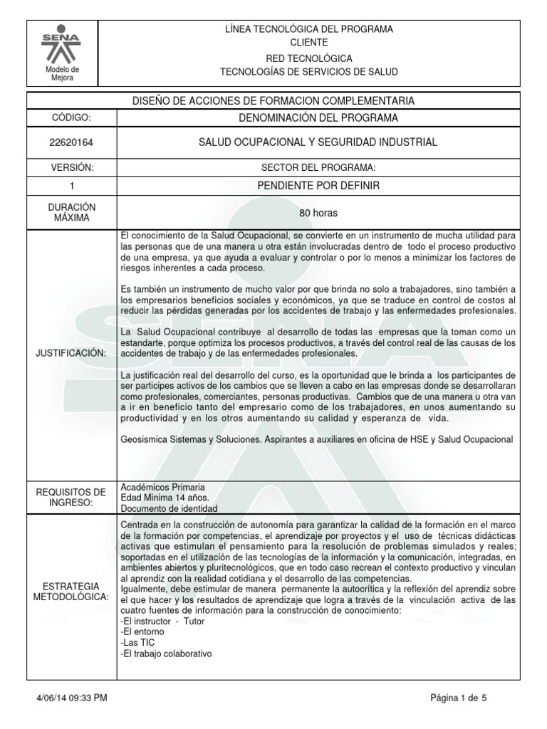 Informe Programa de Formación Complementaria | PDF | Seguridad y salud ocupacional | Business