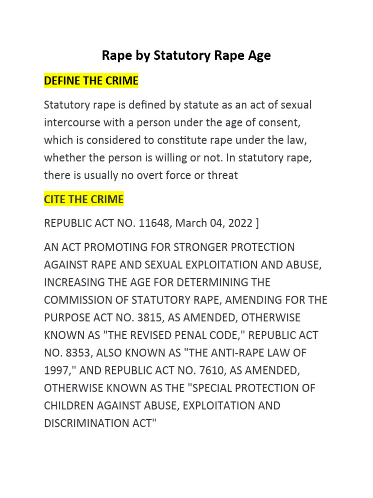 Rape by Statutory Rape Age: Define The Crime | PDF | Rape | Deviance ...