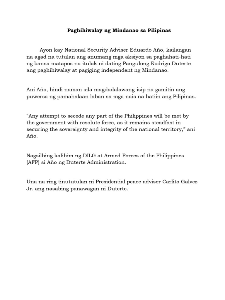 Paghihiwalay Ng Mindanao Sa Pilipinas | PDF Paghihiwalay Ng Mindanao Sa Pilipinas | PDF