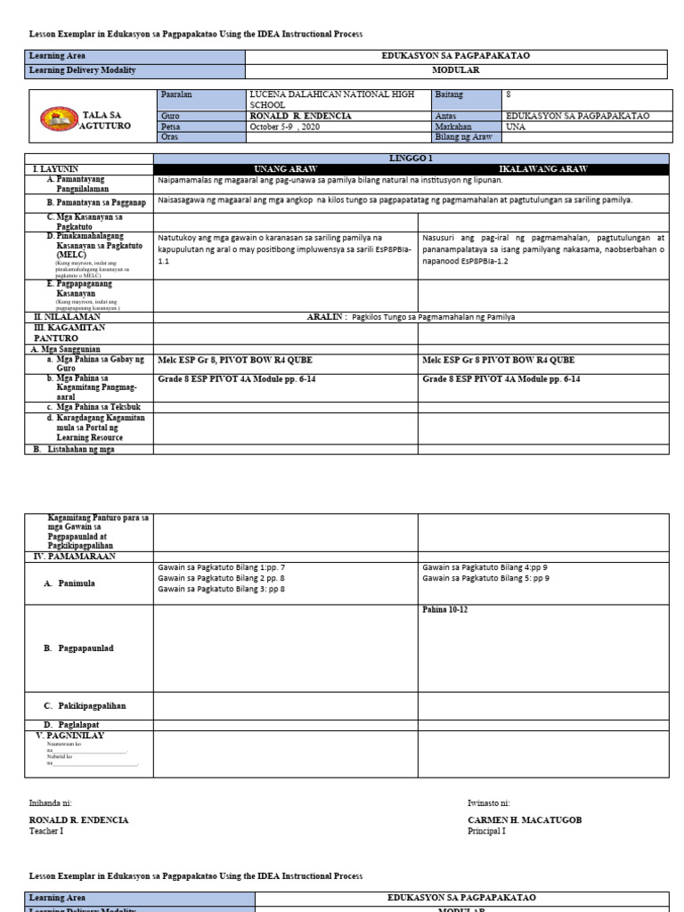 LESSON EXEMPLAR ESP 8 WK 1 2. 3 4 5 67 8 | PDF