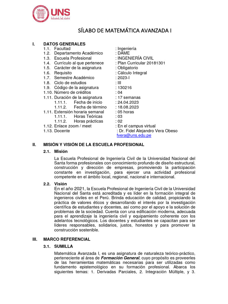 Sílabo de Matemática Avanzada I | PDF | Integral | Divergencia