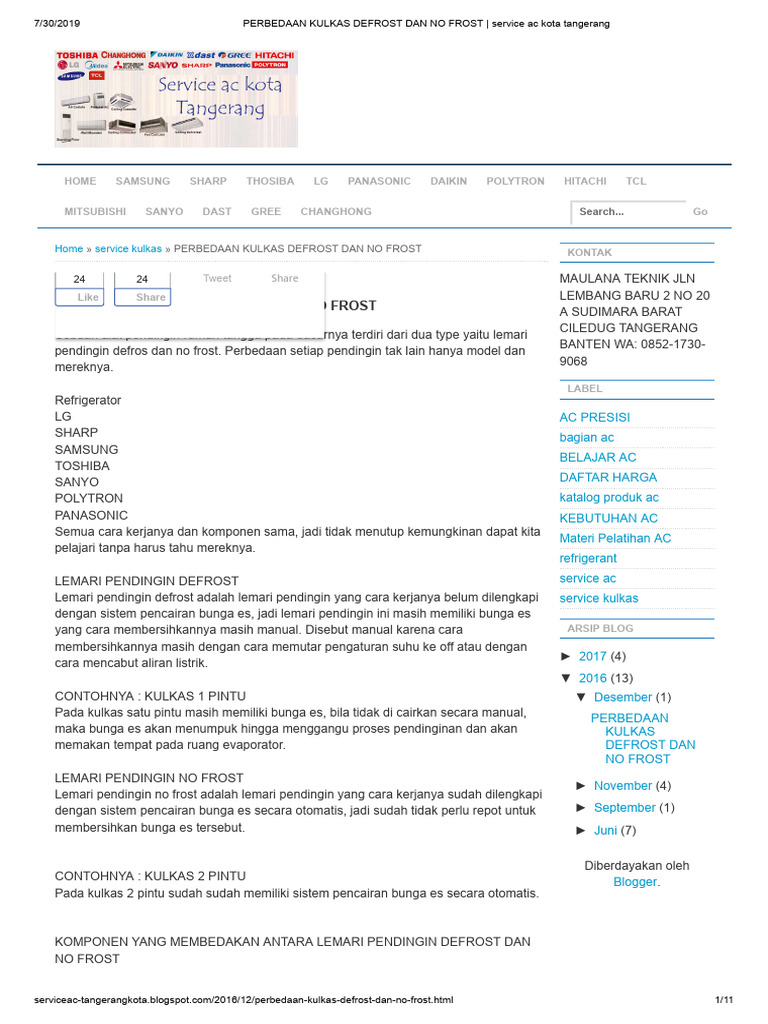 PERBEDAAN KULKAS DEFROST DAN NO FROST - Service Ac Kota Tangerang | PDF