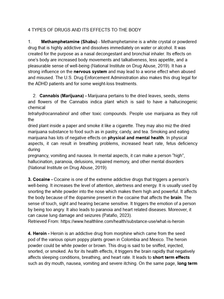 4 Types of Drugs | PDF | Cannabis (Drug) | Heroin