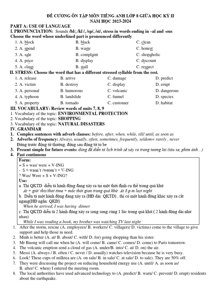 ĐỀ CƯƠNG ÔN GK2 - ANH 8 2324 | PDF | Convenience Store | Supermarket