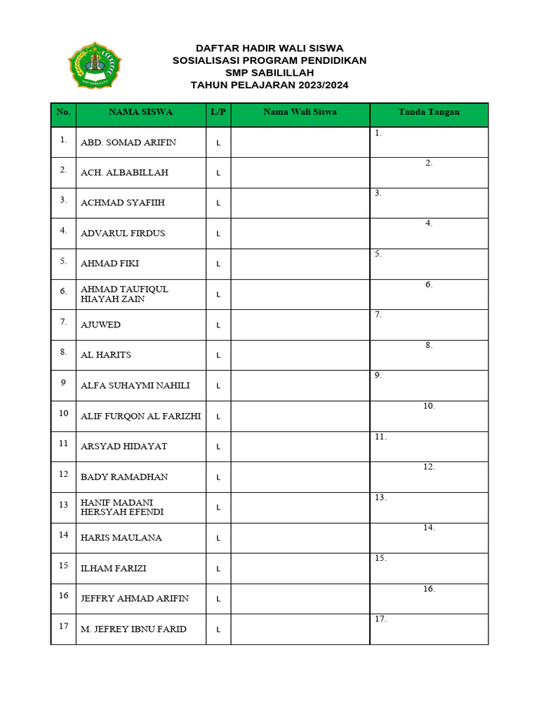 Daftar Hadir Wali Siswa SMP | PDF