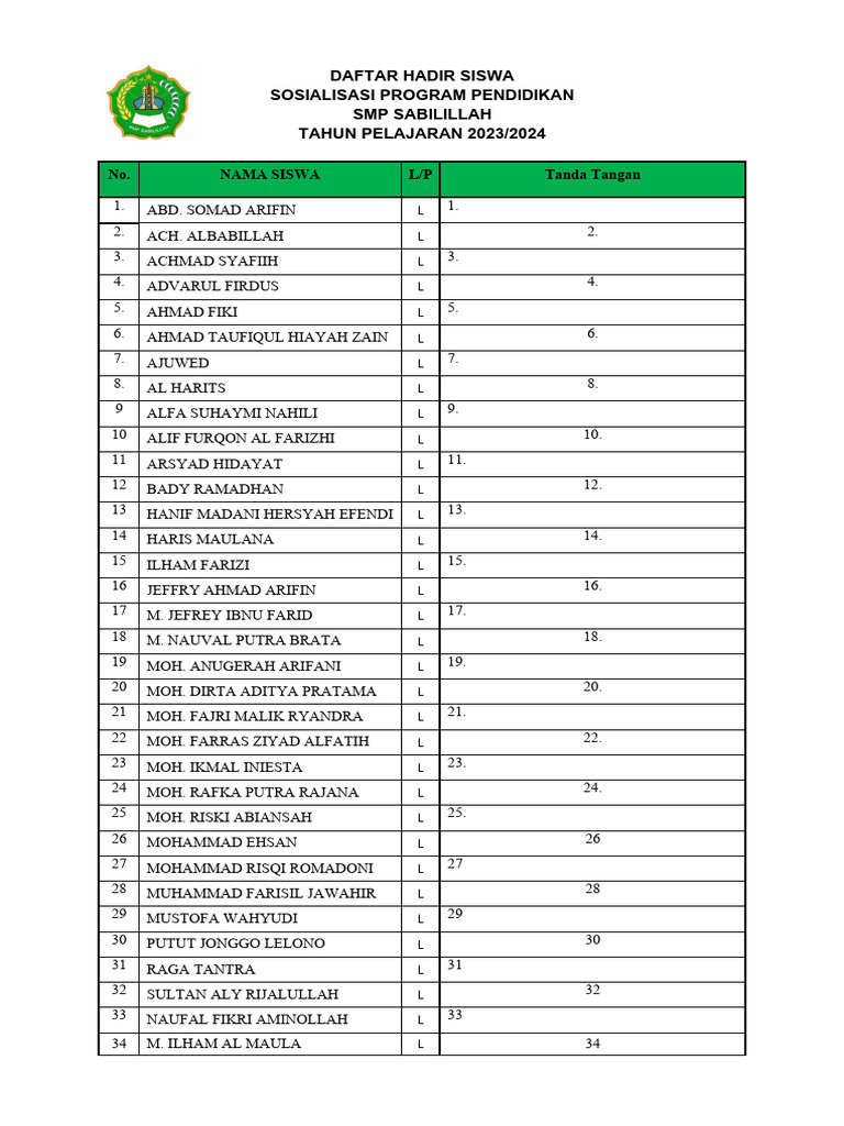 Daftar Hadir Siswa SMP | PDF