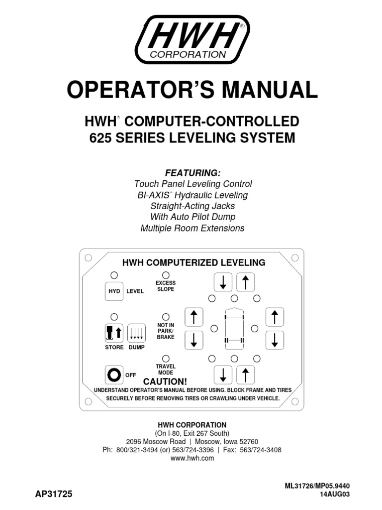 HWH 625 Series Leveling System ml31726 | PDF | Screw | Valve