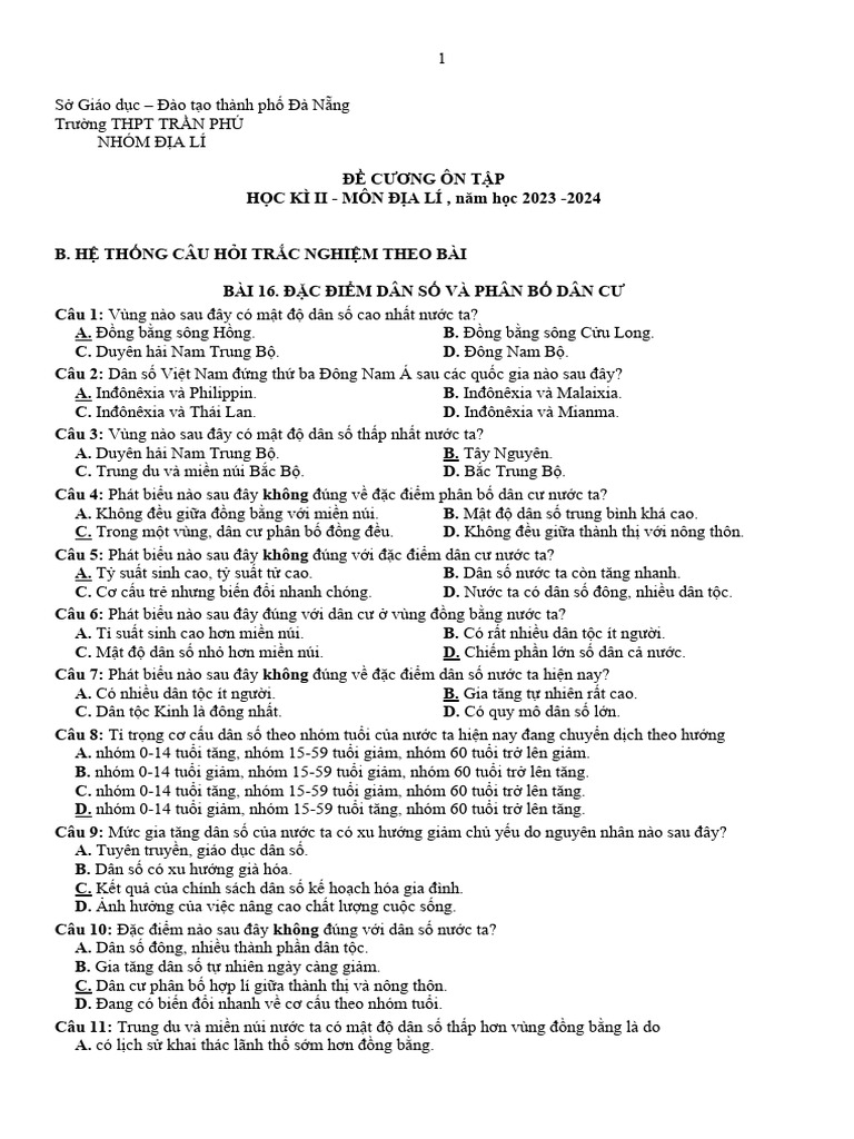 Đề cương Địa lí 12-HKII 23-24-trắc nghiệm | PDF