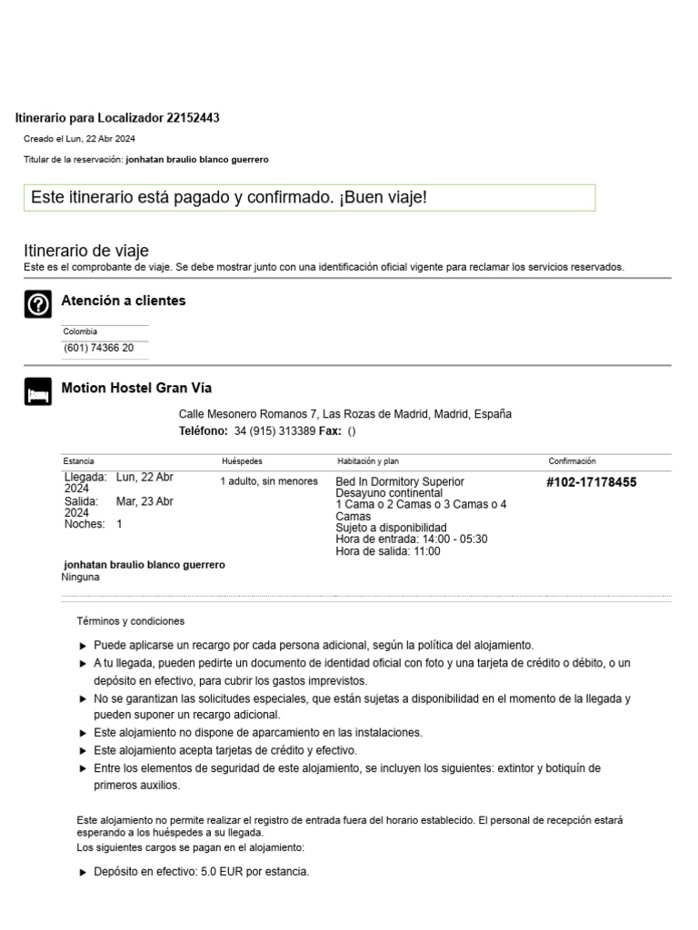 Itinerario Confirmado: Motion Hostel Madrid | PDF | Hotel