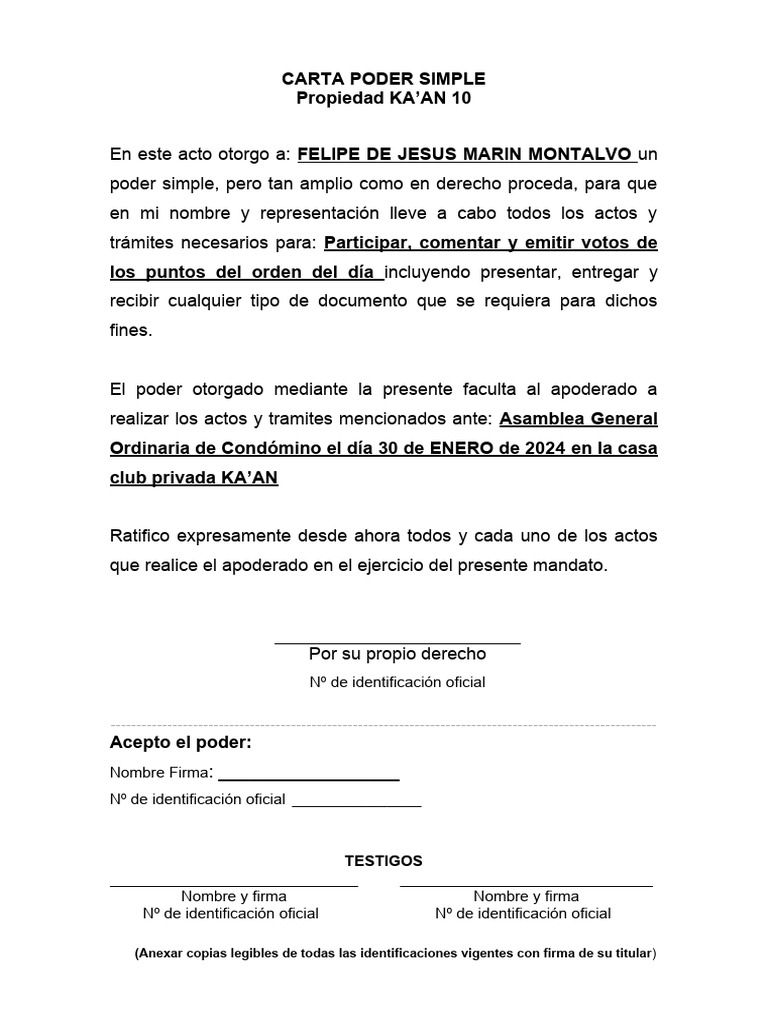 Carta Poder para Asamblea Condóminos | PDF