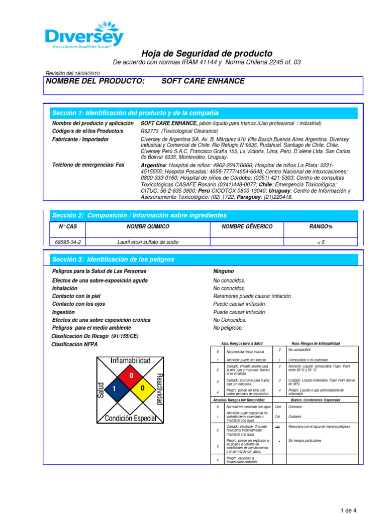 Hoja de Seguridad: Soft Care Enhance | PDF | Residuos