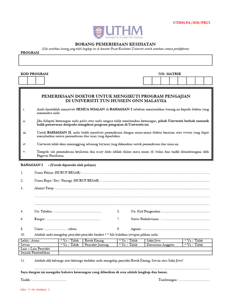 BM - Borang Medical Check-Up Pelajar | PDF
