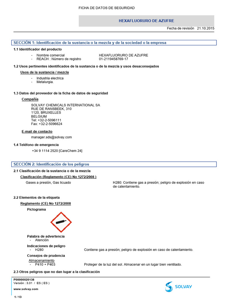 SD Solvay SF6 Es | PDF | Química | Materiales