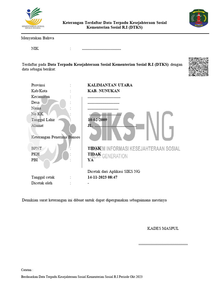Form Surat DTKS Sebatik | PDF