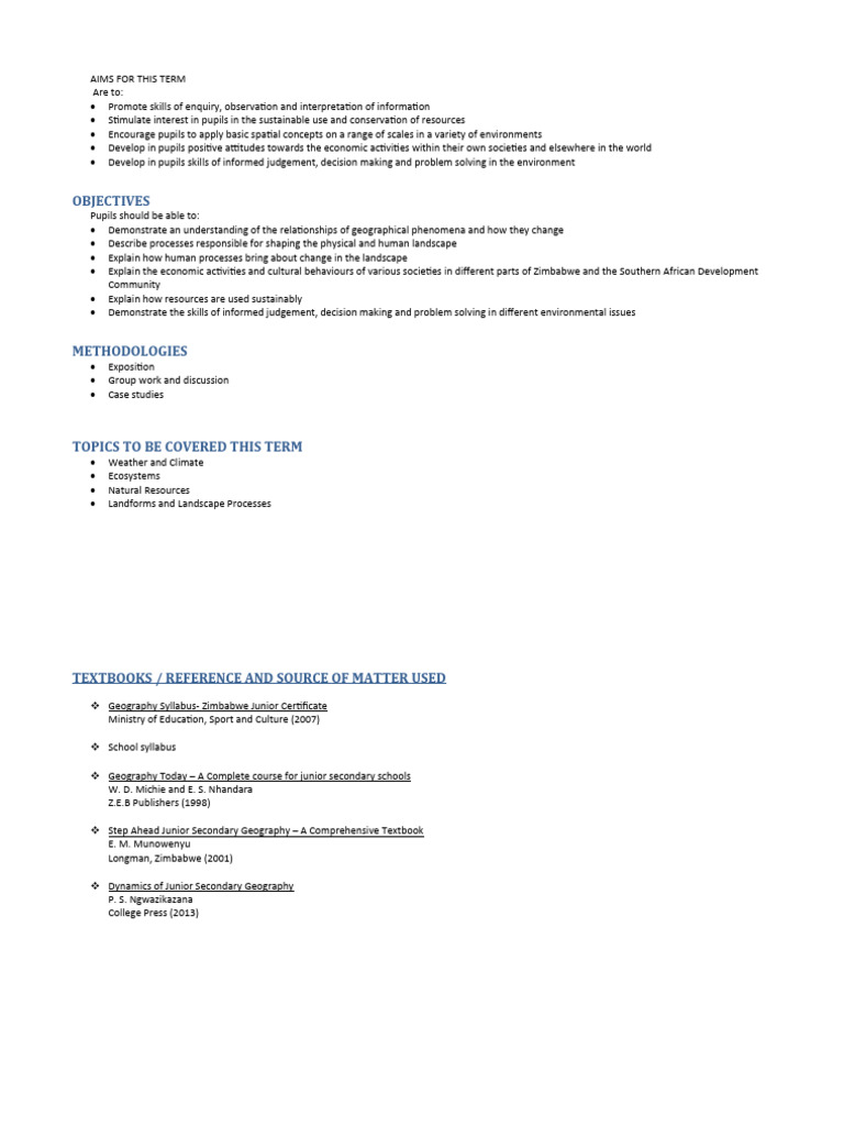 Form 1 Geo Scheme 2024 | PDF | Geography | Sustainability
