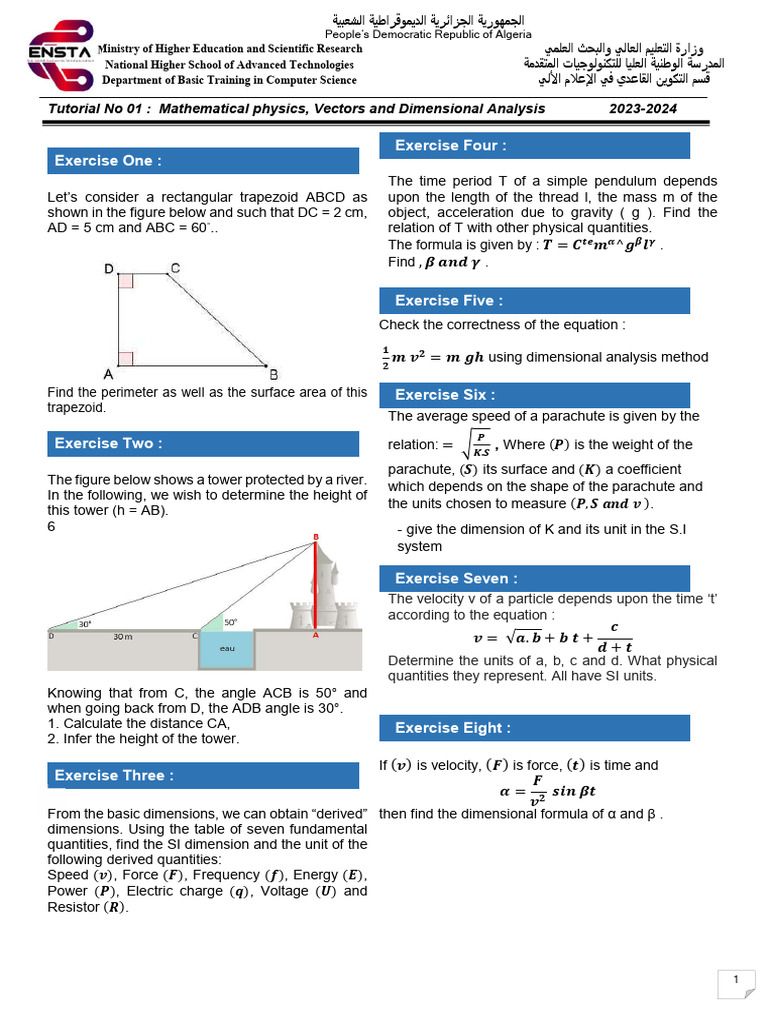 TD MECA1 Fiche 01 Maths 2023-2024-New | PDF | Euclidean Vector | Physics