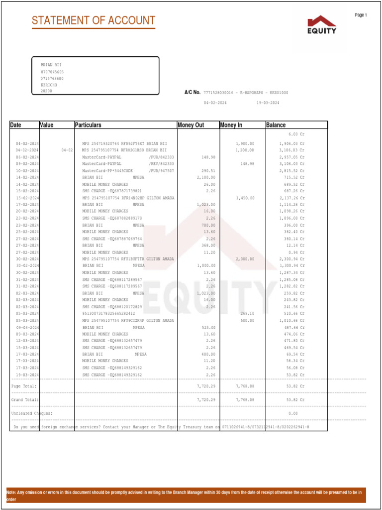Equity Bank Statement | PDF | Private Sector | Personal Finance