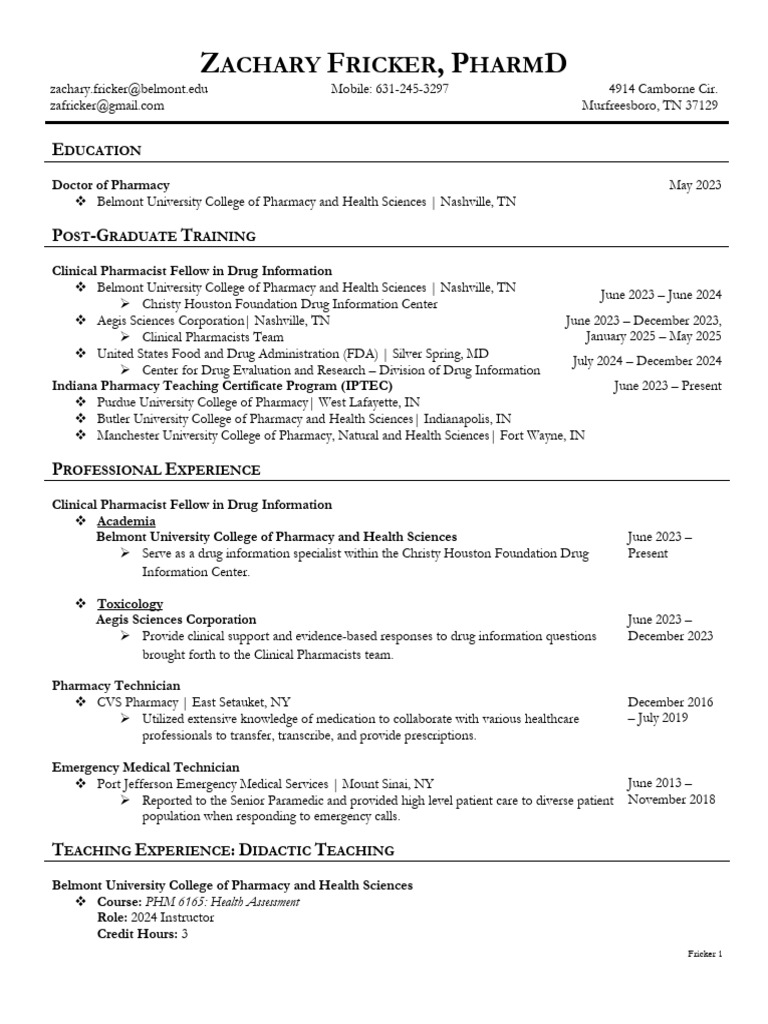 Fricker Curriculum Vitae 2024 Academia | PDF | Pharmacy | Pharmacist